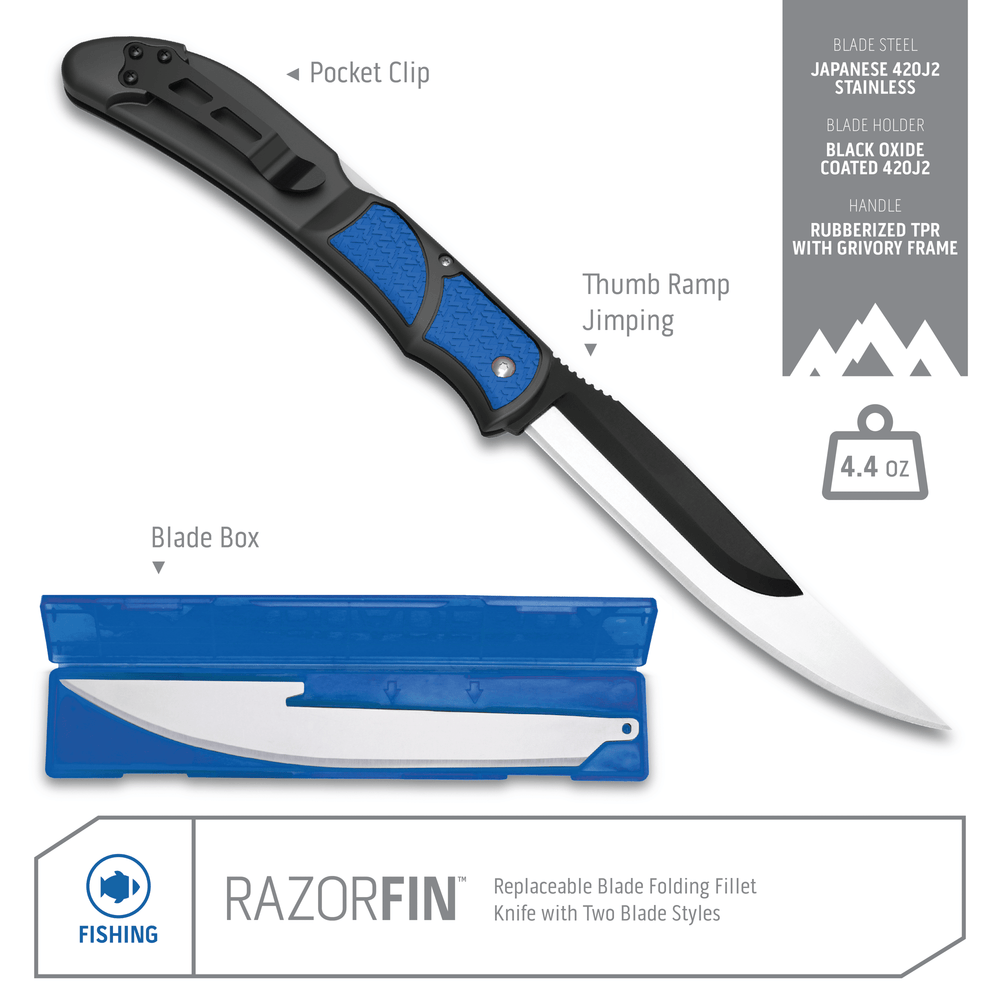 RazorFin 5.0″ Folding Fillet Knife – RazorSafe™ Blades & Gut Hook